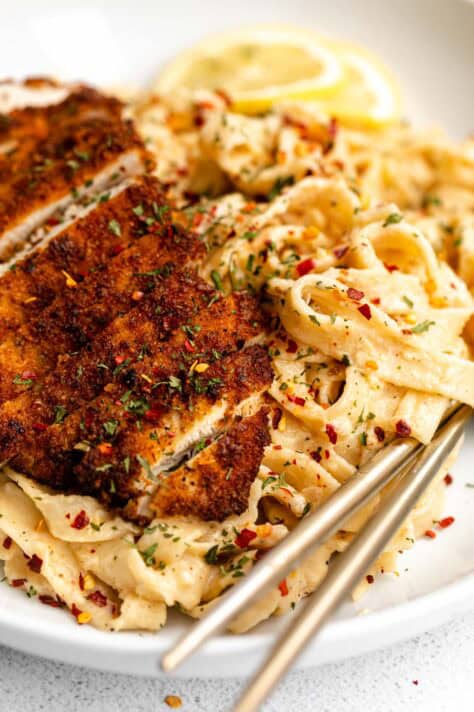 Crispy Chicken Cutlets with Lemon Parmesan Pasta - Eat With Clarity